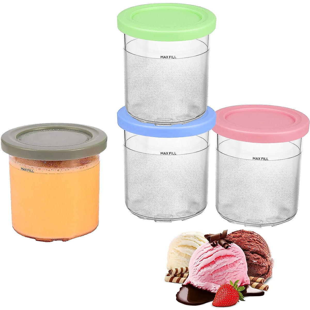 4pcs Ice Cream Pint Containers Replacement for Ninja Creami Pints and Lids, Compatible with NC301 NC300 NC299AMZ Series Ice Cream Maker, Dishwasher Safe & BPA-Free Leak Proof Ice Cream Container Box