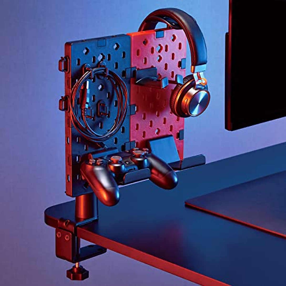 PUTORSEN Headphone and Controller Stand for Desk, 4 in 1 Rotatable Game Controller Holder & Headset Stand with Cable Hooks, Clamped above/under Desk for Xbox PS5 PS4 Nintendo Switch Controller