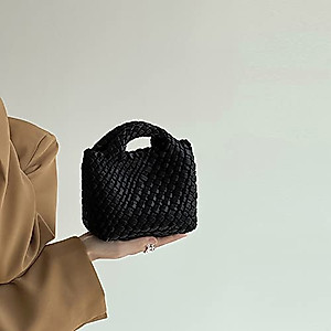 Handmade Woven Bags for Women with Coin Purse Fashion Handbag Female Shoulder Bags Foldable Chain Small Tote Crossbody Bags (Black)