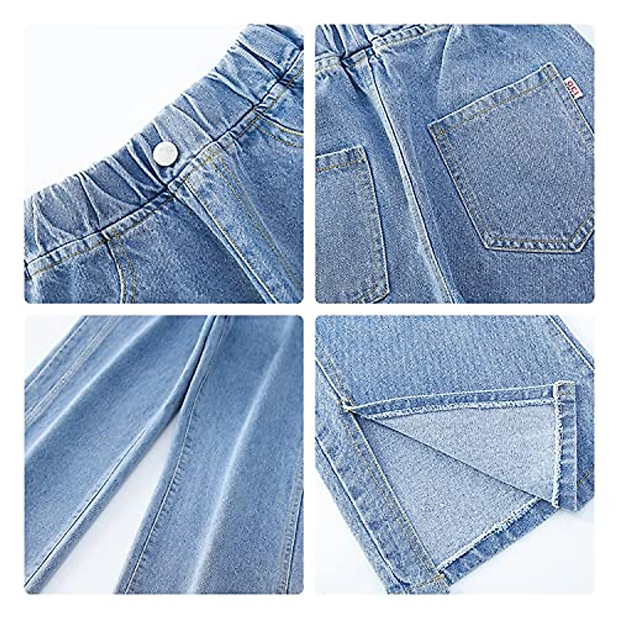 Girls Loose Distressed Jeans Wide Leg Stretch Denim Pants Baggy Straight Trousers (Blue Split, 10-12)