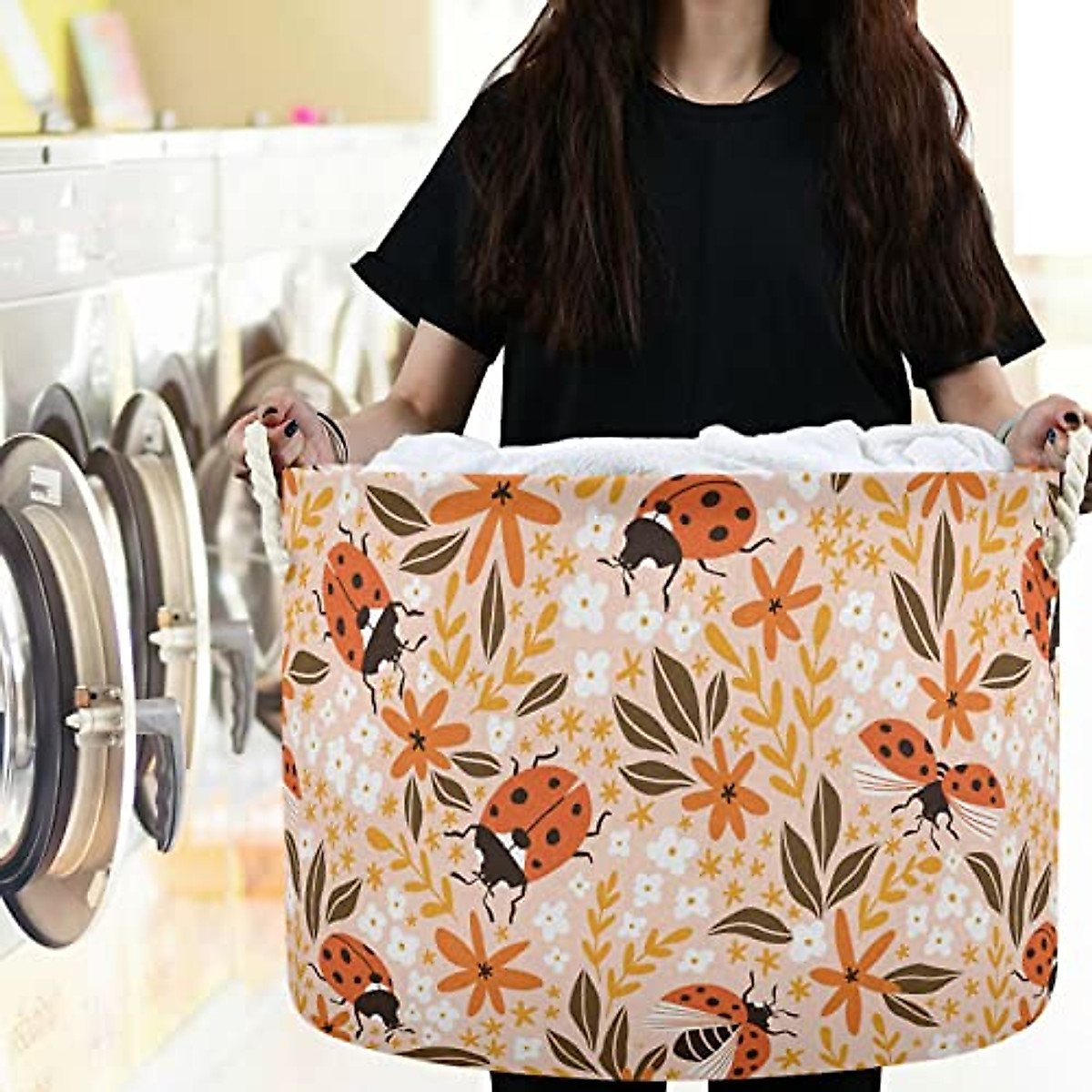 visesunny Hand-Drawn Ladybug Flower Laundry Baskets Fabric Storage Bin Storage Box Collapsible Storage Basket Toy Clothes Shelves Basket for Bathroom,Bedroom,Nursery,Closet,Office