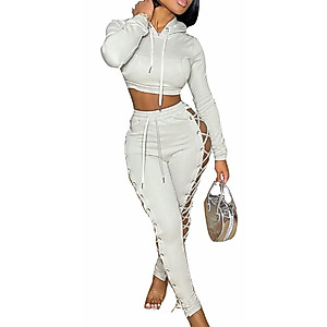 Track Suits for Women Lace Up Hoodie Crop Top and Bandage Long Pants Sets Two Piece Outfits Matching Jumpsuit Party Grey Small