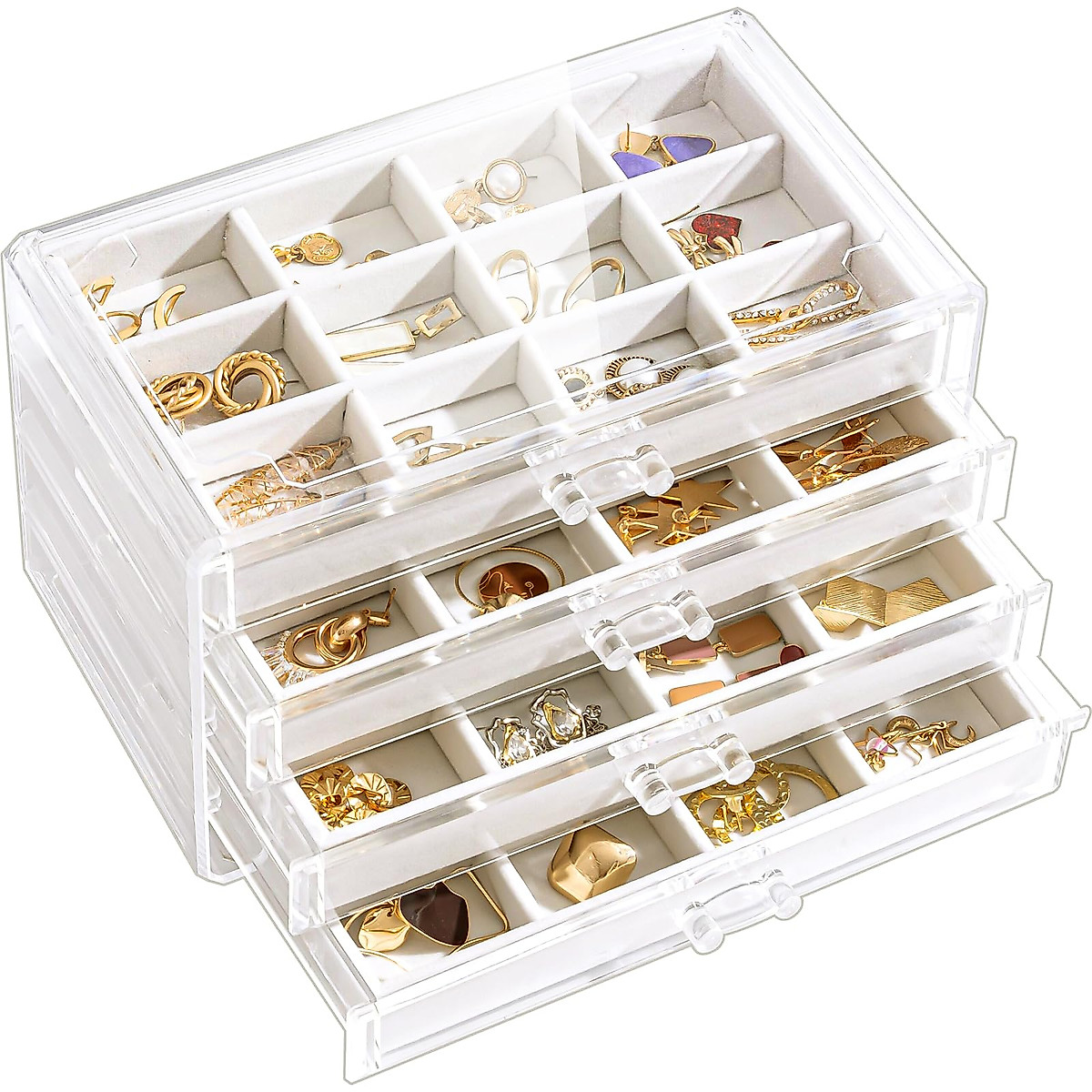 Lolalet Earring Holder Organizer Box Jewelry Storage with 4 Drawers, Clear Acrylic Stackable Earring Case with Adjustable Velvet Trays for Women on Dresser Vanity -Warmwhite, 4 Layers