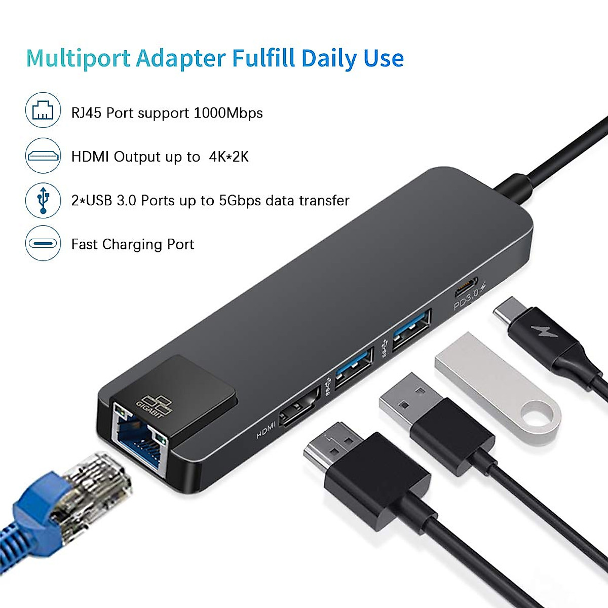 USB C Hub, USB C to Ethernet HDMI USB Adapter with 1000Mbps Ethernet Port, 4K HDMI, 2 USB 3.0 and USB 3.1 Charging Ports, Compatible with MacBook/Pro/Air, Android Phone, Laptops, Tablet and etc