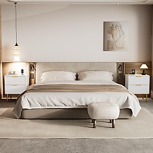 HQZX White Nightstand Set of 2 with Charging Station, Fluted Nightstand with Drawers, Modern Bedside Table with Gold Legs, End Table for Bedroom