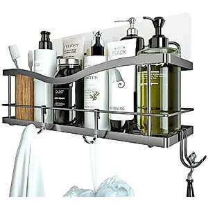 KINCMAX Shower Caddy, Rustproof SUS304 Stainless Steel, Adhesive Wall Mount Drill-Free Baskets with Hooks (Polished Silver)