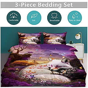 MSSHUKYTT Fantasy Nature Landscape Queen Size Duvet Cover Set,Fairy Tale Forest Wildlife Fox Florals Lavender Butterfly Daisy Comforter Cover Sets(1 Duvet Cover 2 Pillowcases)