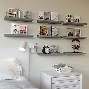 RICHER HOUSE 8 Set Floating Wall Mounted Shelves, Nursery Hanging Book Shelves with Lip for Storage, Gray Display Picture Ledge Shelf for Bedroom Bathroom Kitchen Living Room Wall Decor, Modern Grey
