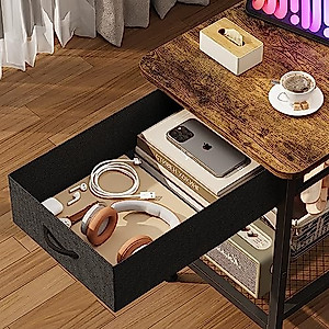 GYIIYUO Nightstands Set of 2 with Charging Station and Fabric Storage Drawer,16.5" x 15.8" Side Table with Storage for Bedroom, Bedside Tables with Steel Fram, Rustic Brown and Black