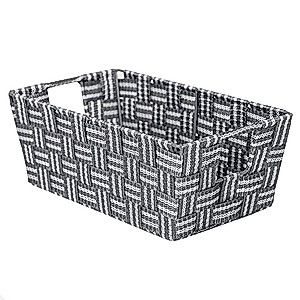 Home Basics Stripe Woven Strap Storage Bin | Various Black | Blue | Brown | Grey | Great for Storage | Metal Frame | Lightweight with Handles | Sturdy Construction (Grey, Small)