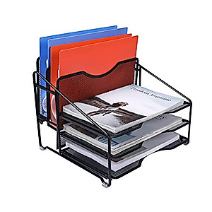 EasyPAG Mesh Desk Organizer with 3 Tier Letter Tray and 2 Vertical File Holder,Black