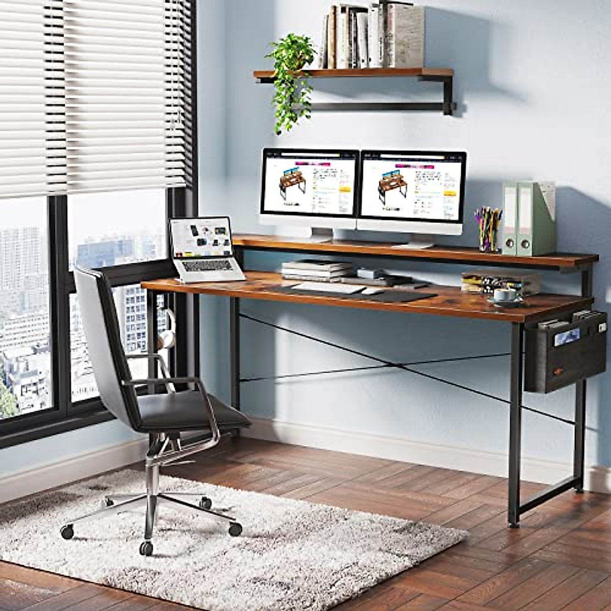 ODK Computer Desk with Adjustable Monitor Shelves, 63 inch Home Office Desk with Monitor Stand, Writing Desk, Study Workstation with 3 Heights (10cm, 13cm, 16cm), Rustic Brown