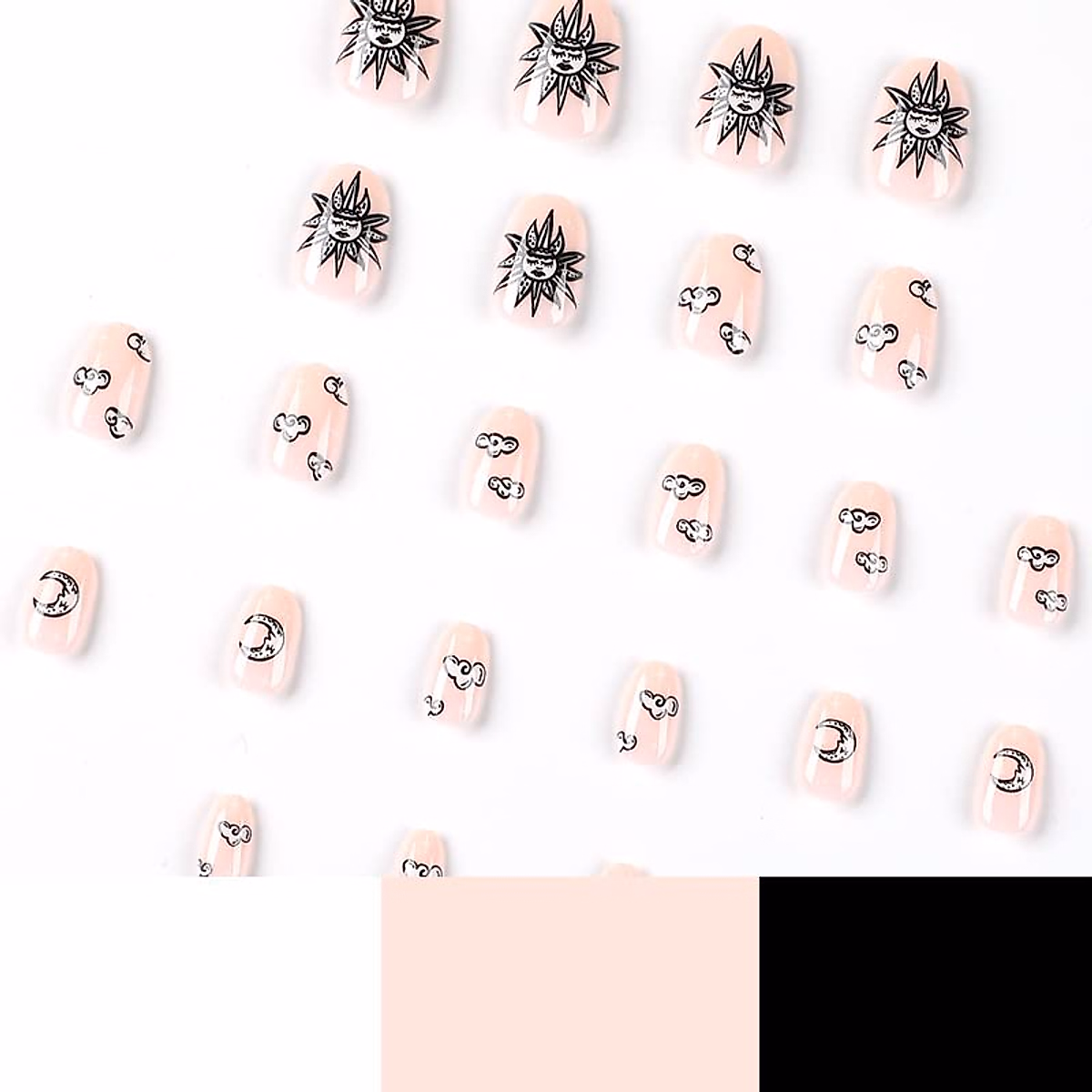 Press on Nails Short Moon Clouds with Designs Nude Glossy Fake Nails Full Cover Glue on Nails Acrylic Nails False Nails Nail Decorations for Women Girls