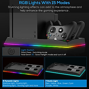 Upgrade Stand for Xbox Series X with Back Cooling Fan& RGB Lights, Charging Station with Controller Charger Dock &Game Storage Rack Organizer& Headset Stand with 2X1400 mAh Rechargeable Battery Pack
