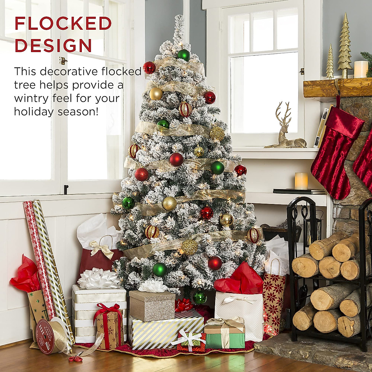 Best Choice Products 6ft Pre-Lit Snow Flocked Artificial Holiday Christmas Pine Tree for Home, Office, Party Decoration w/ 250 Warm White Lights, Metal Hinges & Base