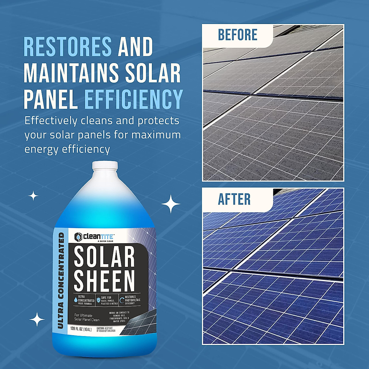 CLEANTITE Solar Panel Cleaner Solar Sheen (Makes 512 Gallons) - Super Concentrated Glass & Solar Panel Cleaning, Remove Oils, Fingerprints & Water Spots (1 Gallon)
