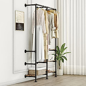 HEONITURE Industrial Pipe Clothing Rack with Shelves, Wall Mounted Garment Rack, Heavy Duty Choset Clothes Rack for Indoor Bedroom and as walk-in Closet System(Black)