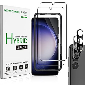 amFilm 2 Pack Hybrid Screen Protector for Samsung Galaxy S23 5G 6.1 Inch [100% Fingerprint ID Compatible] with 2 Pack Tempered Glass Camera Lens Protector and Easy Installation Tray, HD Clear