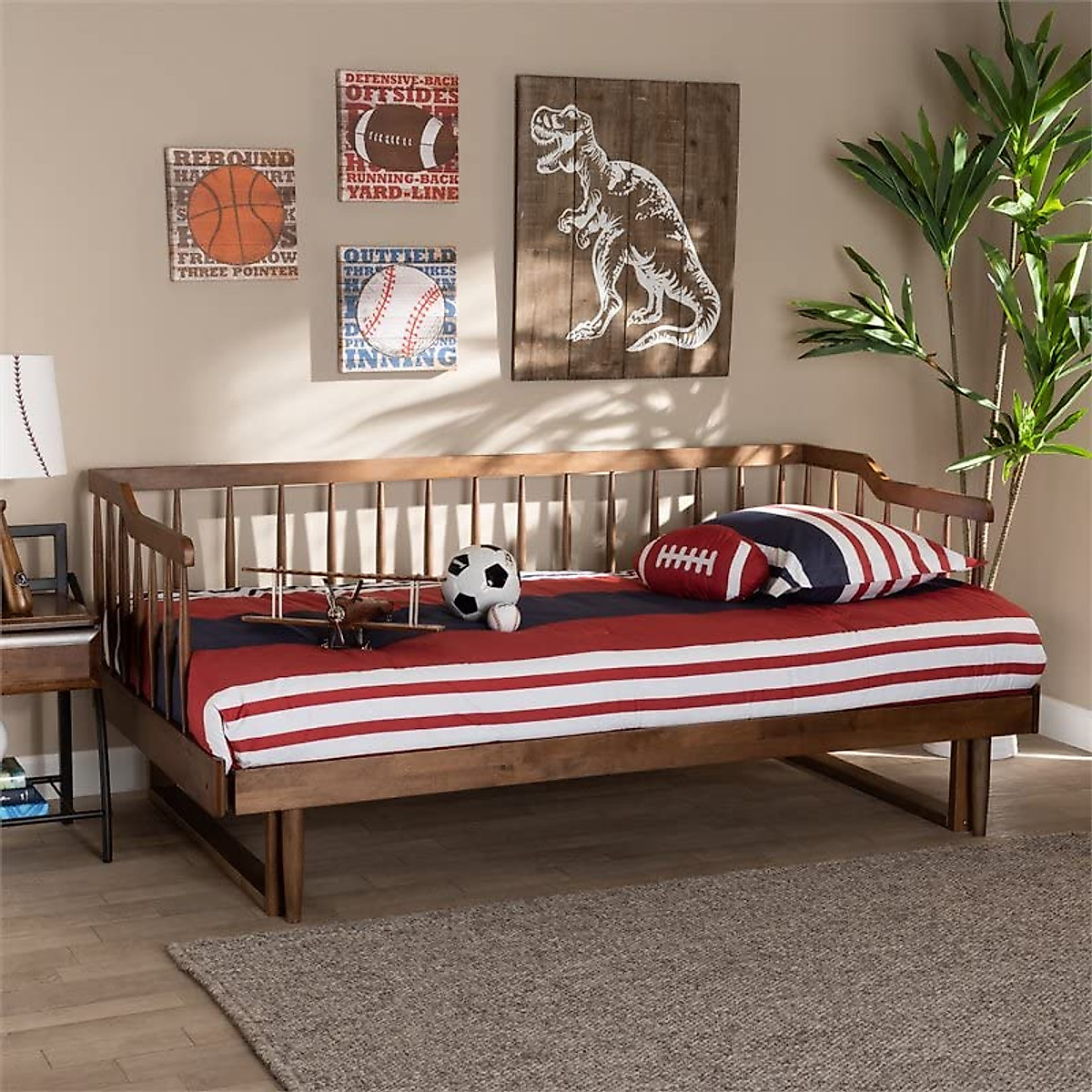 BOWERY HILL Walnut Wood Expandable Twin to King Size Spindle Daybed