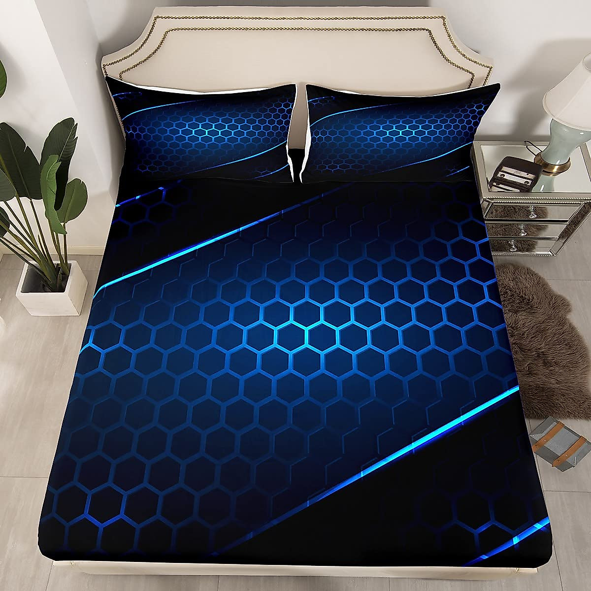 Honeycomb Bed Sheets Hexagonal Print Bedding Sheet Geometrical Beehive Blue Bedding Set for Boys Girls Children Teens Bedroom Decor Geometric Simplistic Bed Sheet Set Twin Size with 1 Pillow Case