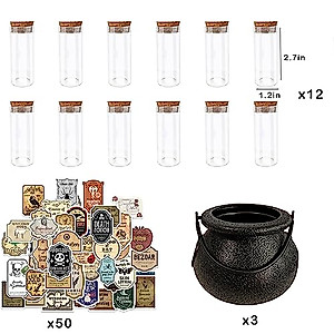 65Pcs Halloween Potion Bottles Set for Halloween Party - 12Pcs Mini Potion Vials, 50Pcs Halloween Stickers, 3Pcs Witch Cauldron - Witch Brew Halloween Party Favor, Halloween Home Kitchen Decoration