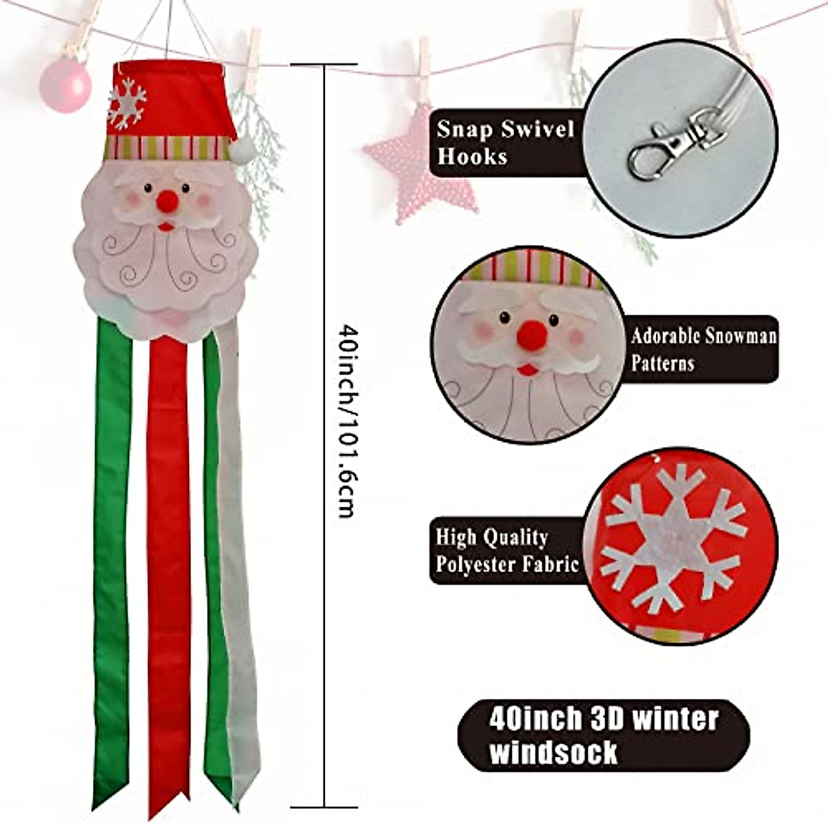 THQZLH Santa Windsock Christmas Wind Sock Hanging Santa Claus Holiday Wind Socks for Yard and Garden