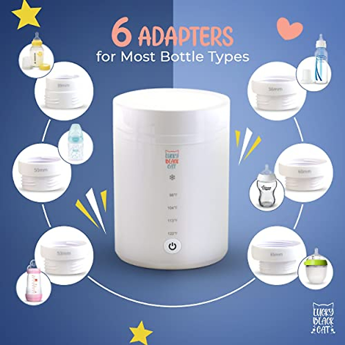 Portable Bottle Warmer for Travel by Lucky Black Cat, Travel Bottle Warmer with 6 Adapters, 4 Minutes Fast Heating Portable Bottle Warmer for Breastmilk, 4 Temperature Settings, Cordless Bottle Warmer