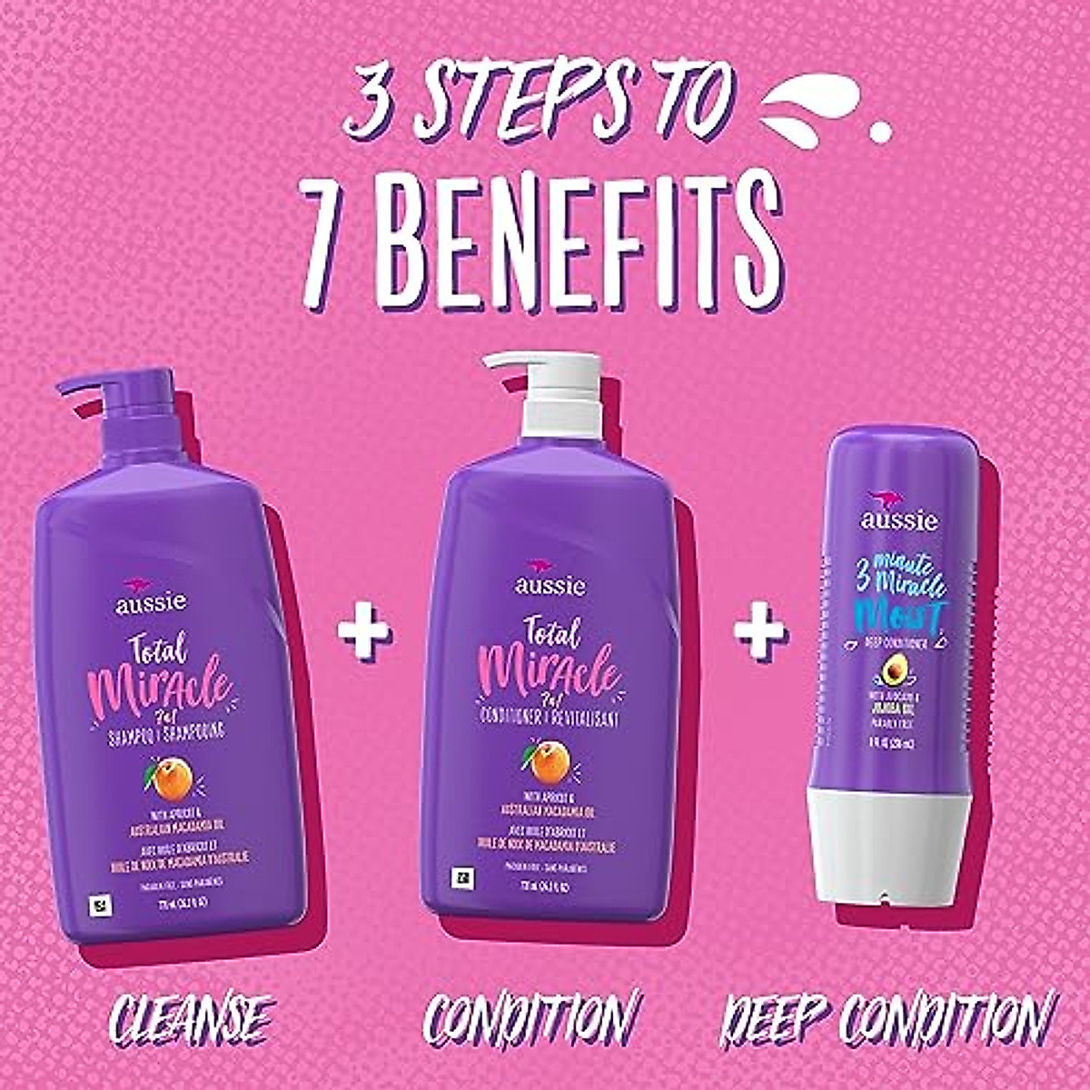 Aussie Total Miracle Shampoo, Conditioner and 3 Minute Miracle Deep Conditioner Hair Treatment Bundle, Infused with Apricot and Australian Macadamia Oil, Paraben Free
