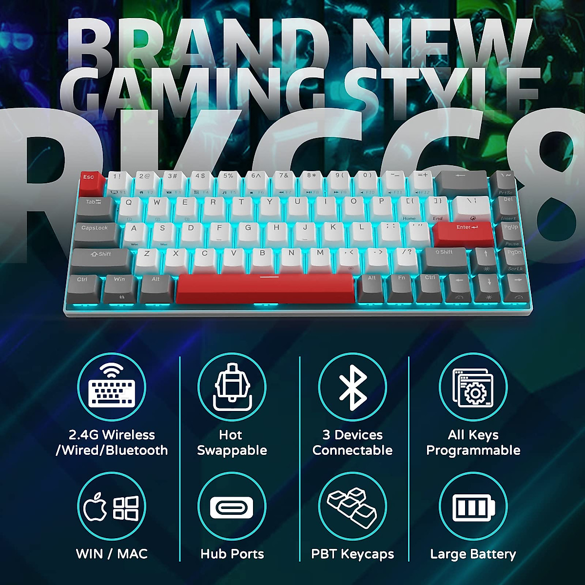 RK ROYAL KLUDGE RK G68 65% Wireless Mechanical Keyboard, Bluetooth5.1/2.4G/Wired Hot Swappable Mechanical Keyboard with 3 USB Ports, 68 Keys RGB Blue Switch for Mac Windows, Classical Red