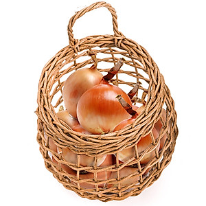 Elsjoy Set of 2 Wall Hanging Onion Basket, Wicker Woven Basket Handmade Rattan Basket, Fruits and Veggies Storage Basket for Pantry, Kitchen, Garden