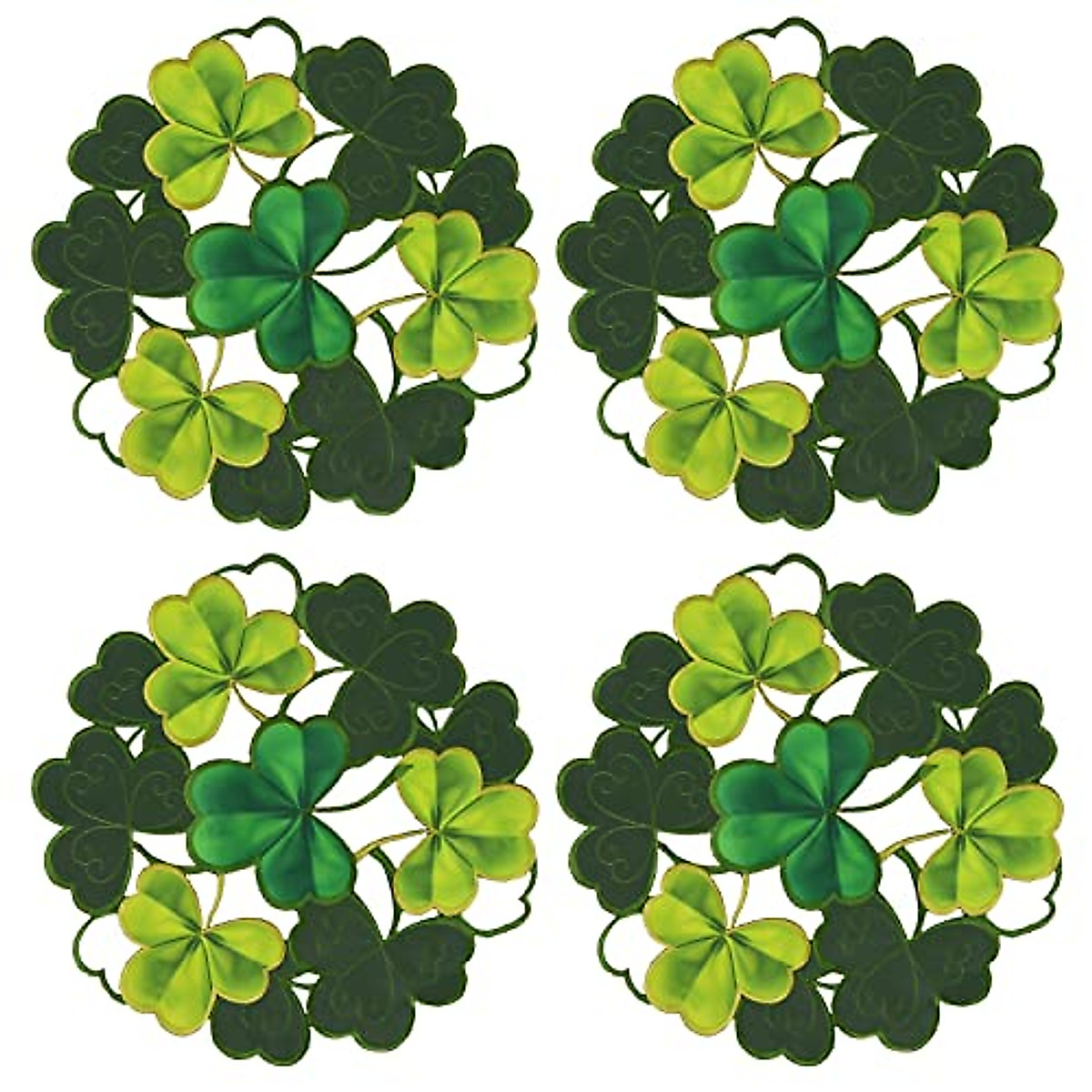 Simhomsen Set of 4 Embroidered Irish Clover Round Doily Placemats for St. Patrick’s Day, Spring Shamrock Decorations
