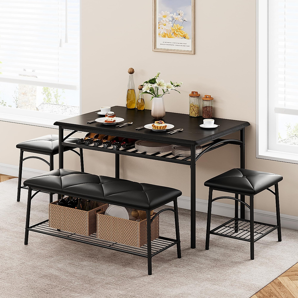 GAOMON Dining Table with Benches, Kitchen Table Set for 4, Dining Room Table Set with Upholstered Bench and Square Stools, Metal and Wood Dining Table Set for 4 with Storage for Small Space-Black