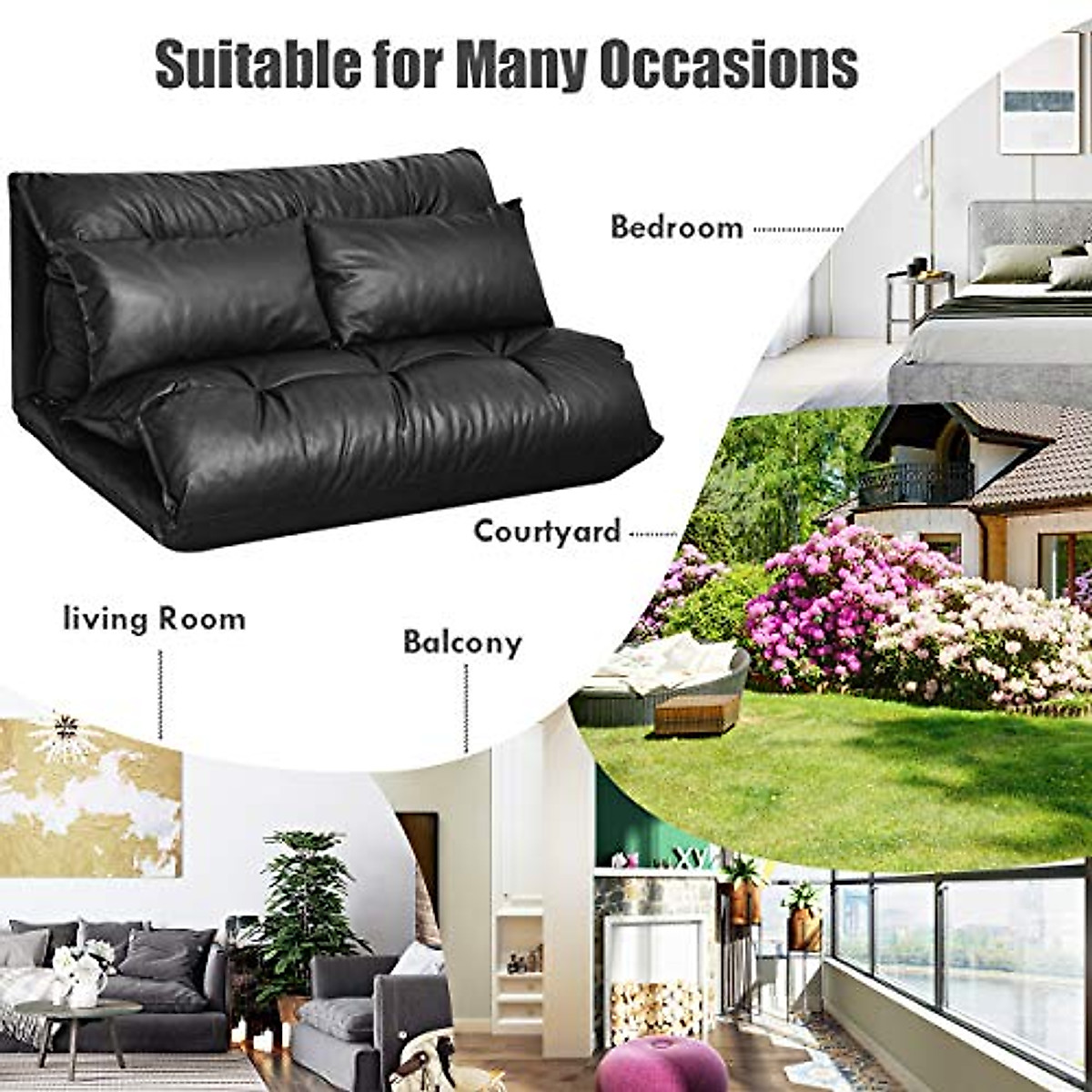 Giantex Convertible Sofa Bed, Floor Couch with 2 Pillows, PU Leather Loveseat Recliner, Folding Lazy Sleeper Sofa, 5 Position, Video Gaming Sofa Mattress for Reading Living Room Bedroom