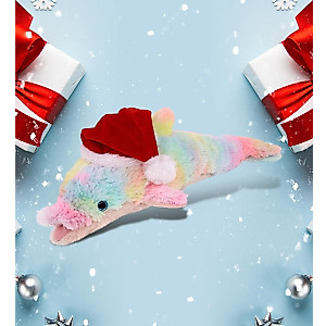 DolliBu Santa Rainbow Dolphin Stuffed Animal Plush Toy - Super Soft Wild Animal Dress Up with Red Santa Claus Hat, Wildlife Gift, Perfect Holiday with Name Personalization - 14 Inches