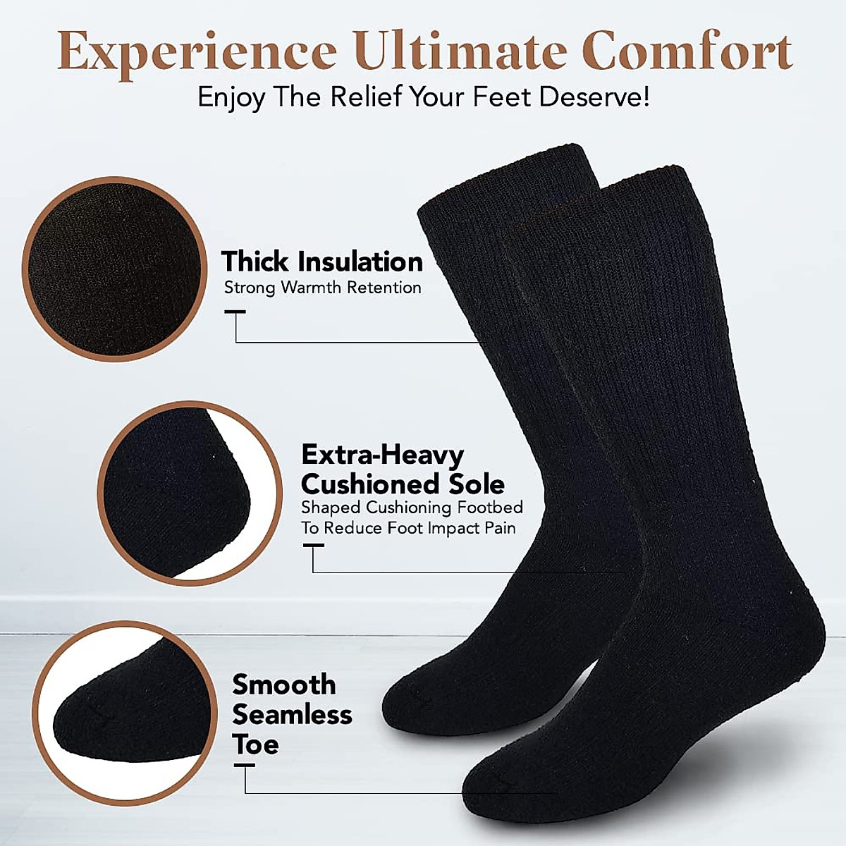 Debra Weitzner 6 Pairs Merino Wool Thermal Socks Men and Women Warm Cushioned Hiking Crew Socks for Hunting Winter Etc Long Survival Boot Socks Moisture Wicking Black 9-11