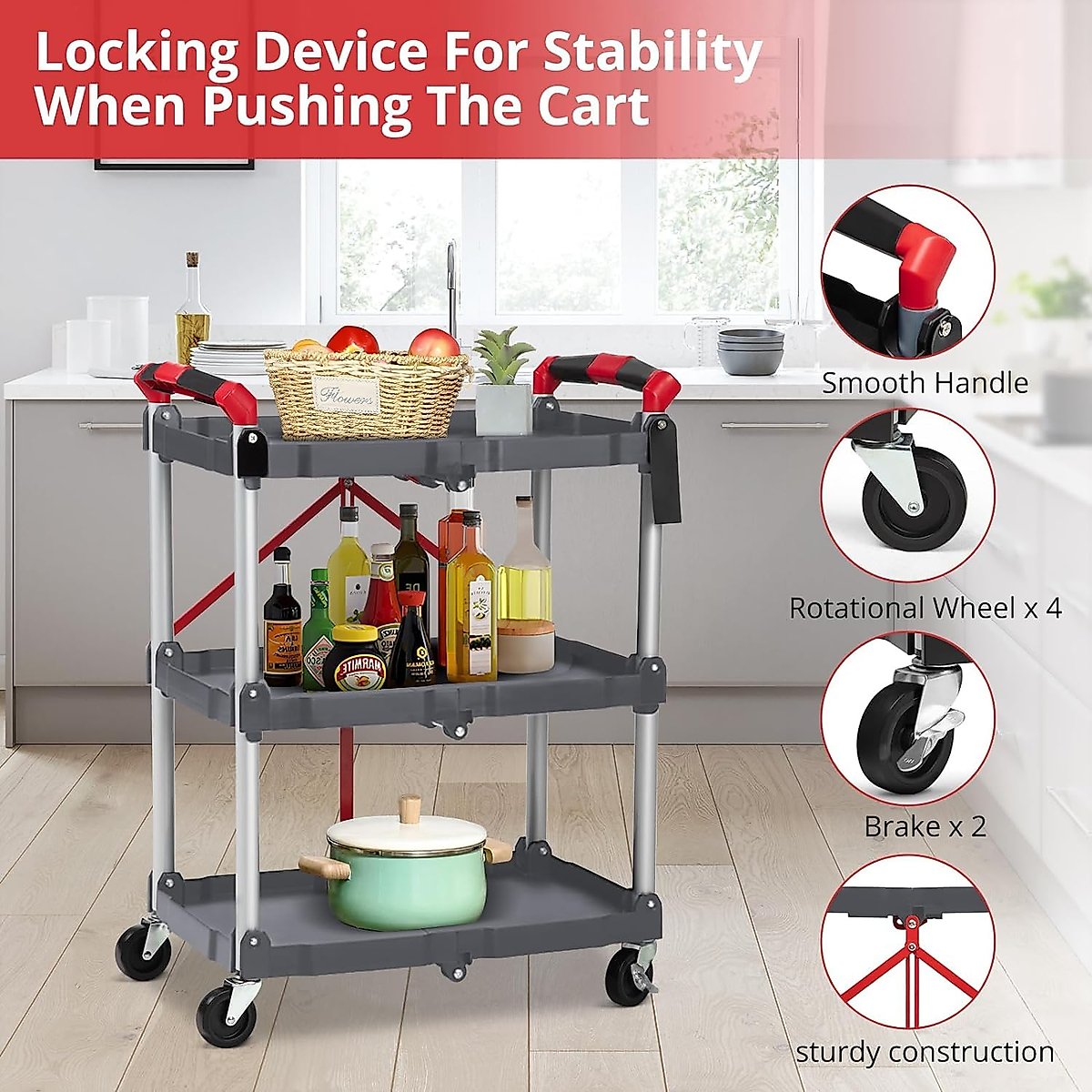 3-Tier Portable Folding Service Cart, Fold Up Rolling Cart, Collapsible Push Cart with Wheels, 56 Lbs Load Capacity per Shelf Folding Utility Carts for Home/Office/Warehouse Gery