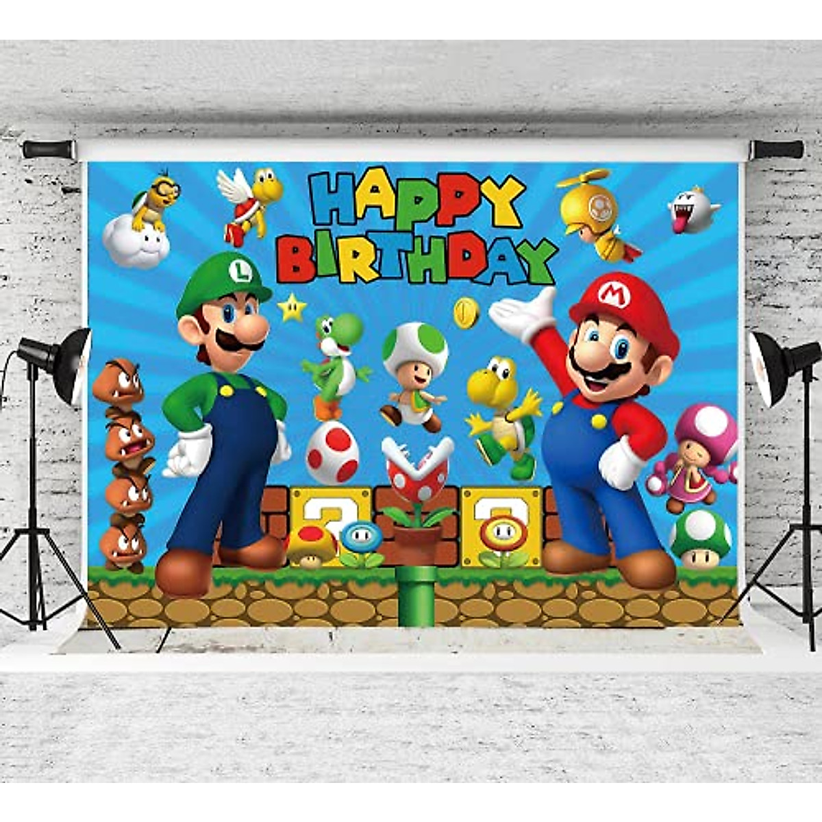 chaungda Super Mario Happy Birthday Banner Backdrops Game Gold Coin Party Supplies Photography Photo Backgrounds Sign Indoor Outdoor Yard Signs Decoration Kids Decor 5x3ft zf-2020967-5x3ft-fba