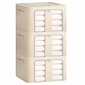 Elegeet 3Pack 66L Storage Bins with Metal Frame - Foldable Linen Fabric Storage Box With Handles And Transparent Window Closet Organizers And Storage(Light Beige