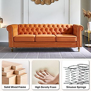 Homtique 84" Modern Sofa Couch for Living Room, 3 Seater Couch Comfy Velvet Sofa Button Tufted Rolled Arms and Gold Legs, Chesterfield Sofa for Home Studio/Office, Bedroom, Orange