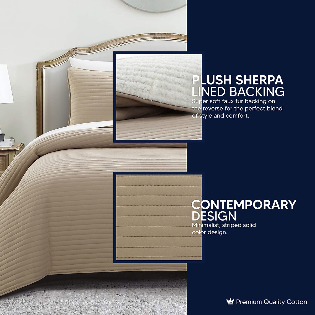 Chic Home St Paul 3 Piece Quilt Set Contemporary Striped Design Sherpa Lined Bedding - Pillow Shams Included, King, Taupe