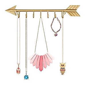 Urban Deco Wall Mounted Gold Arrow Shaped Jewelry Organizer Key Holders– 7 Hooks Metal Necklace Hanging Holder for Girls and Women (Gold)