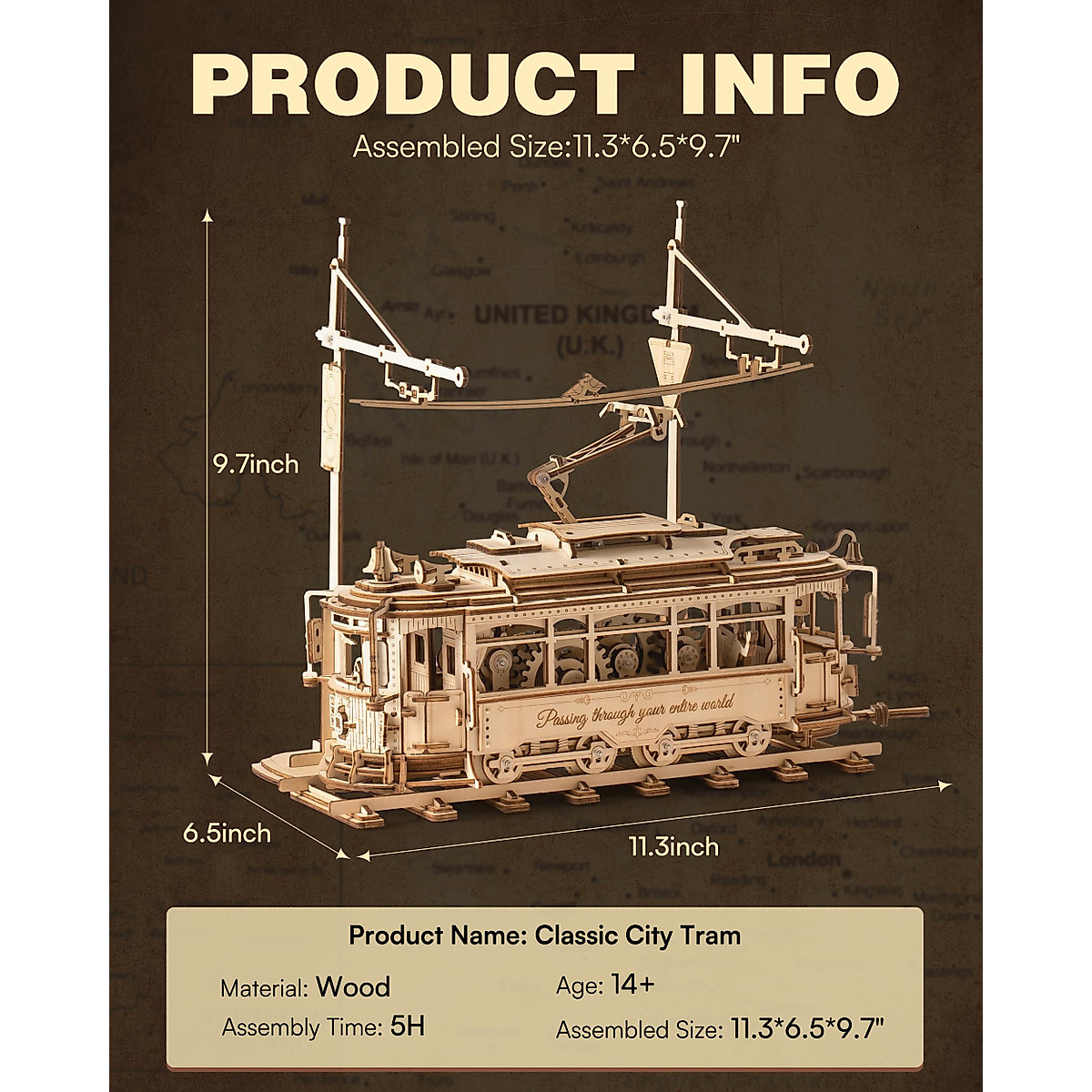 RoWood 3D Puzzles for Adults,Car Model Kit, 3D Wooden Puzzle Mechanical Tram Model,Wood Building Kit, Assembly Time 5H,Unique Gifts for Teens&Adults