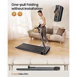 UREVO Under Desk Treadmill, Foldable Treadmill with APP, Folding Treadmill with Touch Screen, 2.5HP Walking Treadmill Under Desk, Walking pad Treadmill for Office with Handrail Black
