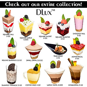 DLux 100 x 2 oz Mini Dessert Cups with Spoons, Square Short - Clear Plastic Parfait Appetizer Cup - Small Reusable Serving Bowl for Tasting Party Desserts Appetizers - With Recipe Ebook