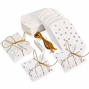 BEISHIDA 50pcs Pillow Gift Boxes Party Favor Boxes Small Mini Gift Boxes for Party Favor, Candy, Thanksgiving Favor, Christmas Pillow Box, Wedding, Halloween Party (Silver Dot， 3.6" x 2.5")