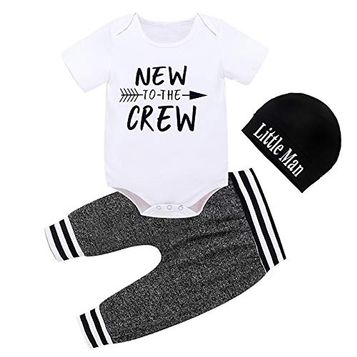 CETEPY Baby Boy Clothes Newborn Romper Infant Summer Outfits Short Sleeve + Long Pants + Hat 3Pcs Set New to The Crew Letter Printed White 0-3 Months 70cm