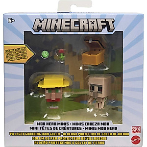 Minecraft Mob Head Minis Villager Guarding Iron Golem Pack with 2 Action Figures & Accessories, Incudes Authentic Pixelated Video-Game Characters Steve & Spider, Age 6 Years & Older