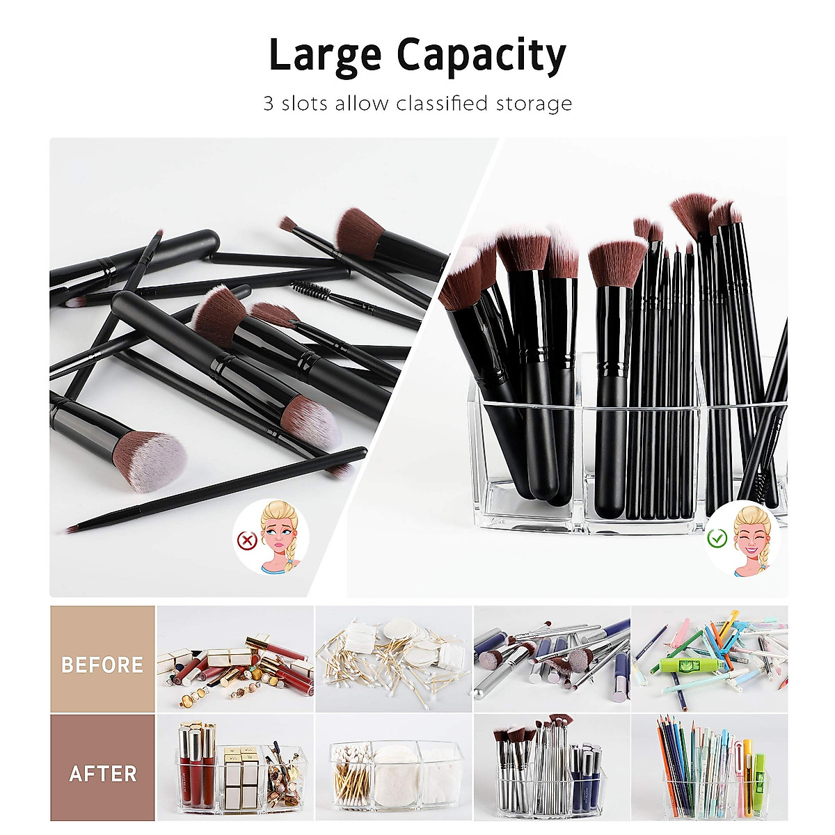 Syntus Makeup Brush Holder Organizer, Acrylic 3 Slot Large Capacity Cosmetic Brushes Storage Box, Clear