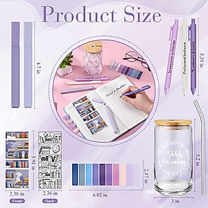 FillTouch 8 Pc Book Lover Gifts 16 oz Glass Cup with Bamboo Lid and Straw Reading List Bookmark Pastel Highlighters Sticky Notes Pens for Reader Librarian Stocking stuffers(Purple)
