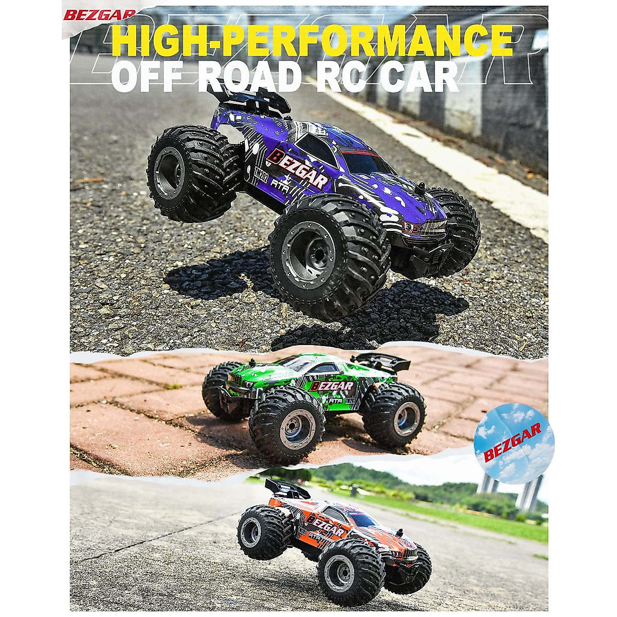 BEZGAR TM202 Toy Grade 1:20 Scale Remote Control Car,2WD Top Speed 15 Km/h Electric Toy Off Road 2.4GHz RC Monster Vehicle Truck Crawler with 2 Rechargeable Batteries for Boys Kids and Adults